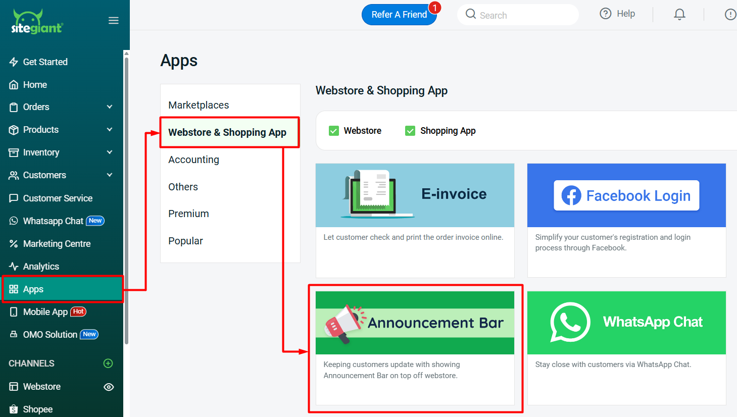 How To Add Announcement Bar To Your Webstore – SiteGiant Support Centre