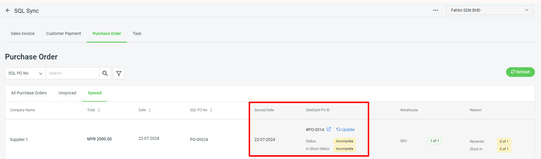 How To Sync SQL Purchase Order – SiteGiant Support Centre
