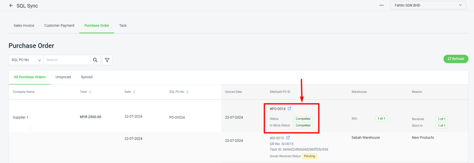 How To Sync SQL Purchase Order – SiteGiant Support Centre